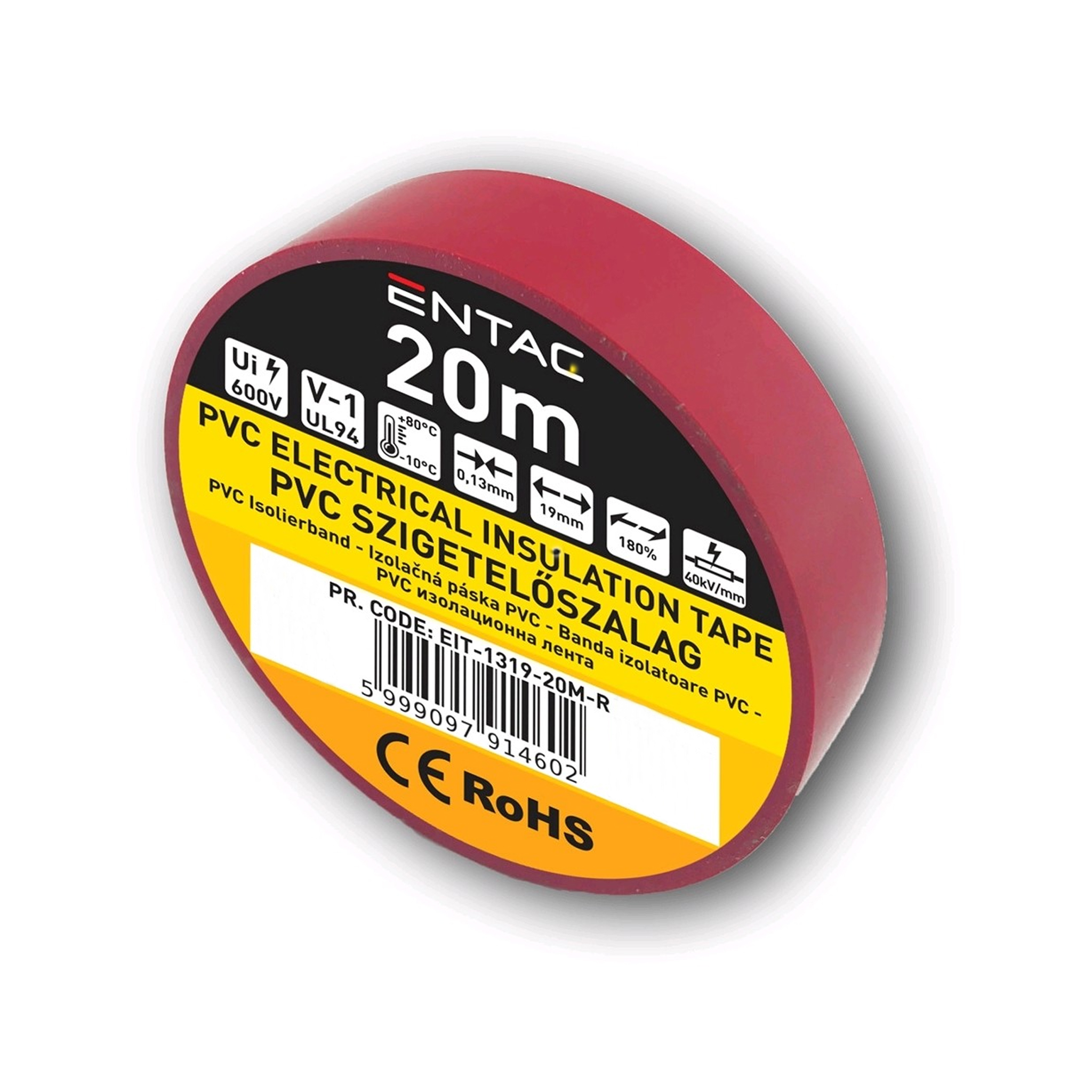 Szigetelőszalag 20m piros 0.13x19 mm - Entac (EIT-1319-20M-R) - Puma Tools